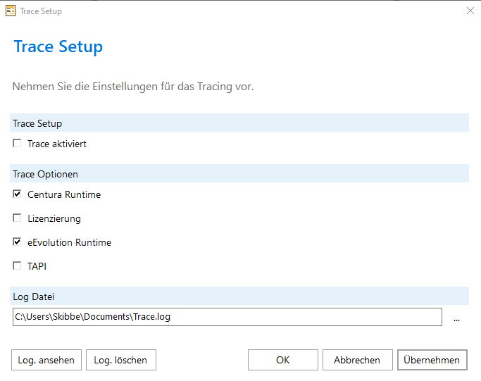 Dialogfenster Trace Setup